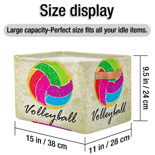 Volleyball Ball Print Storage Basket, Collapsible Canvas Fabric Storage Toys Bin Shelves Decor Laundry Organizer with Leather Handles for Closet Shelf Nursery Bedroom 15x11x9.5 In