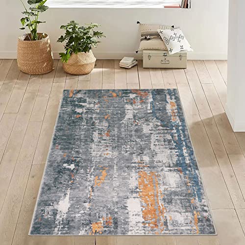 famibay 3x5 Area Rug for Bedroom Washable Throw Rugs with Rubber Backing Soft Flurry Bedroom Carpet Non Slip Modern Abstract Low Pile Small Floor Rugs for Living Room Kitchen Bathroom Dorm(Grey/Rust)