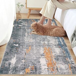 famibay 3x5 Area Rug for Bedroom Washable Throw Rugs with Rubber Backing Soft Flurry Bedroom Carpet Non Slip Modern Abstract Low Pile Small Floor Rugs for Living Room Kitchen Bathroom Dorm(Grey/Rust)