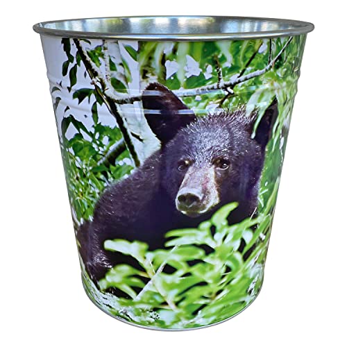 Pine Ridge Bear in Tree Wastebasket - Round Metal Open Top Small Trash Can for Office, Living Room, Kitchen, Bathroom, Dorm, Bedroom and Compact Spaces