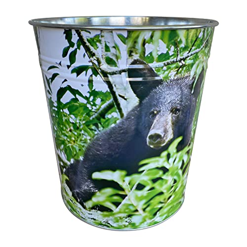 Pine Ridge Bear in Tree Wastebasket - Round Metal Open Top Small Trash Can for Office, Living Room, Kitchen, Bathroom, Dorm, Bedroom and Compact Spaces