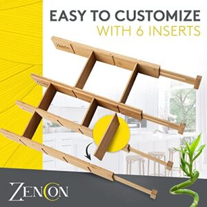 ZENCON Kitchen & Dresser Drawer Dividers with Inserts & Liner | Adjustable Bamboo Drawer Dividers | Spring Loaded Drawer Organizer for Large Utensils & Clothes, Tall Wood Drawer Divider (Long)