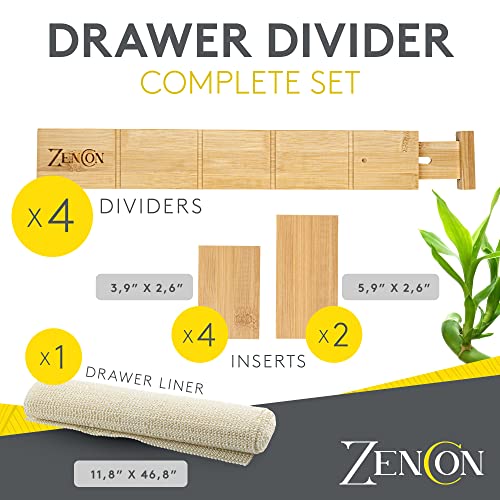 ZENCON Kitchen & Dresser Drawer Dividers with Inserts & Liner | Adjustable Bamboo Drawer Dividers | Spring Loaded Drawer Organizer for Large Utensils & Clothes, Tall Wood Drawer Divider (Long)