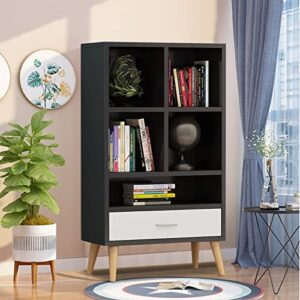 min win cube bookshelf 4 tier open bookcase with drawers & legs, 41" tall black wood bookshelves display short book shelf,freestanding decorative storage organizer shelf for living room home office