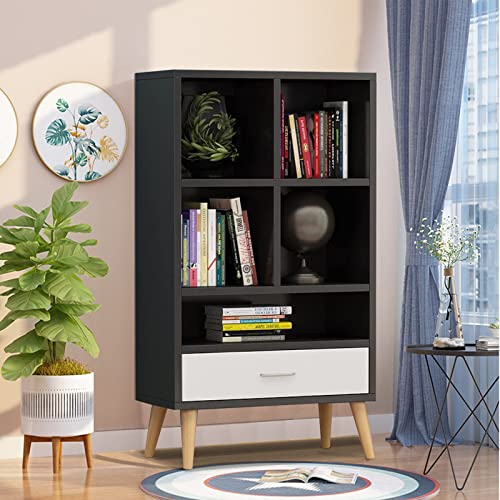 MIN WIN Cube Bookshelf 4 Tier Open Bookcase with Drawers & Legs, 41" Tall Black Wood Bookshelves Display Short Book Shelf,Freestanding Decorative Storage Organizer Shelf for Living Room Home Office