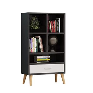 MIN WIN Cube Bookshelf 4 Tier Open Bookcase with Drawers & Legs, 41" Tall Black Wood Bookshelves Display Short Book Shelf,Freestanding Decorative Storage Organizer Shelf for Living Room Home Office