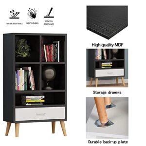 MIN WIN Cube Bookshelf 4 Tier Open Bookcase with Drawers & Legs, 41" Tall Black Wood Bookshelves Display Short Book Shelf,Freestanding Decorative Storage Organizer Shelf for Living Room Home Office