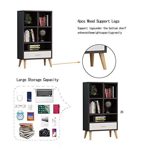 MIN WIN Cube Bookshelf 4 Tier Open Bookcase with Drawers & Legs, 41" Tall Black Wood Bookshelves Display Short Book Shelf,Freestanding Decorative Storage Organizer Shelf for Living Room Home Office