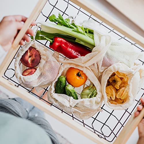 Reusable Produce Bags Grocery Washable - Set of 12 Cotton Mesh Produce Bags for Veggie Fruit Vegetable Storage, 3 Sizes (4L, 4M, 4S)