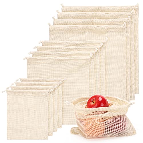 Reusable Produce Bags Grocery Washable - Set of 12 Cotton Mesh Produce Bags for Veggie Fruit Vegetable Storage, 3 Sizes (4L, 4M, 4S)