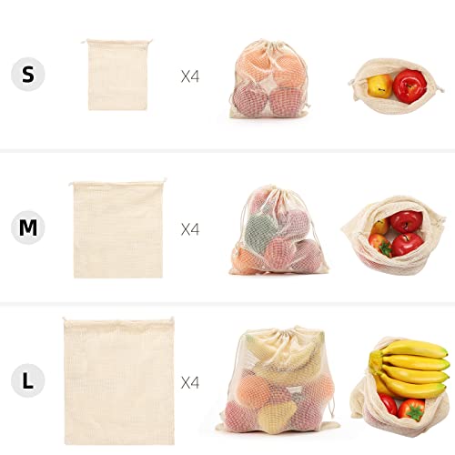 Reusable Produce Bags Grocery Washable - Set of 12 Cotton Mesh Produce Bags for Veggie Fruit Vegetable Storage, 3 Sizes (4L, 4M, 4S)