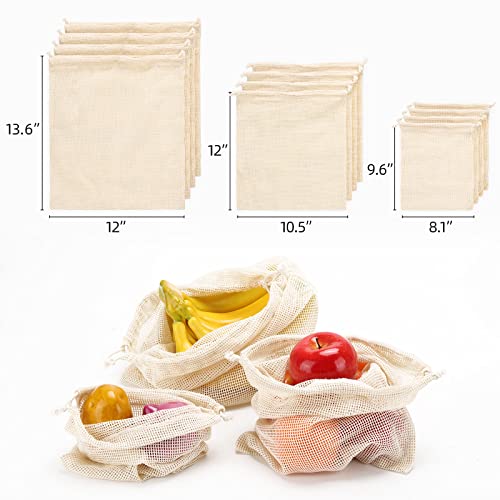 Reusable Produce Bags Grocery Washable - Set of 12 Cotton Mesh Produce Bags for Veggie Fruit Vegetable Storage, 3 Sizes (4L, 4M, 4S)