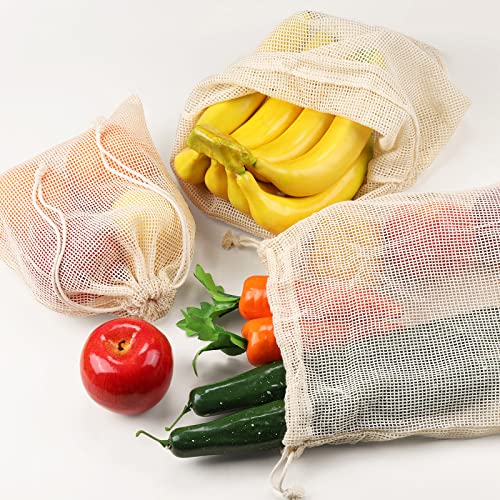 Reusable Produce Bags Grocery Washable - Set of 12 Cotton Mesh Produce Bags for Veggie Fruit Vegetable Storage, 3 Sizes (4L, 4M, 4S)