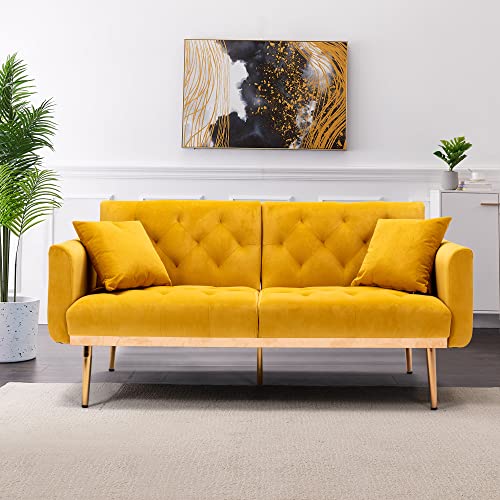 Keainvren Convertible Sleeper Sofa,63" Velvet Loveseat Adjustable Modern Couch,Accent Tufted Sofa Bed with Metal Feet Fort Futon Bed for Indoor,Home,Living Room,Apartment, Bedroom,Office