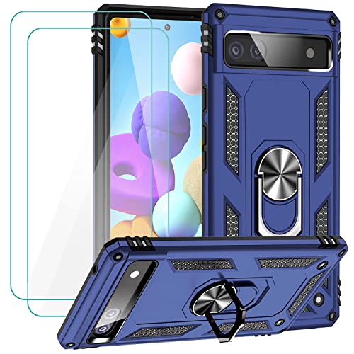 Muntinfe for Google Pixel 6a Case with Tempered Glass Screen Protector [2 Pack], Military-Grade Armor Shockproof Protective Phone Cover with Ring Magnetic Kickstand for Pixel 6a, Blue