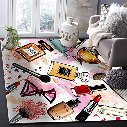 Perfume Lipstick Nail Polish Brush Area Rug, Fashion Women Makeup Theme Rugs Floor Carpet, Indoor Non-Slip Rug for Room Sofa Living Room Mat Bedroom Home Decor Floor Mats 2ftx6ft