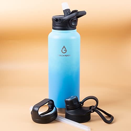 VOLCAROCK Vacuum Insulated Water Bottle with Auto Straw Lid Dustproof and Leakproof 24/32/40/64 Oz, 3 Lids Included Dishwasher Safe and Sweat Free-24 oz Gradient Blue