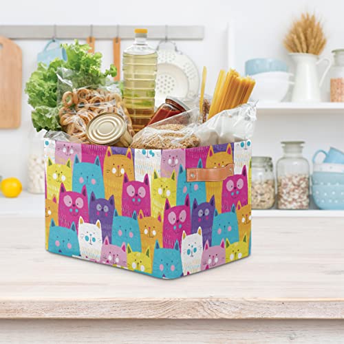 Rectangular Cats Baskets, Kitten Girls Storage Bins Kids Storage Basket with PU Leather Handles Cute Baskets Clothes Toys Box Books Baskets Gifts Baskets for Closet Shelf Nursery Bedroom 15x11x9.5 In