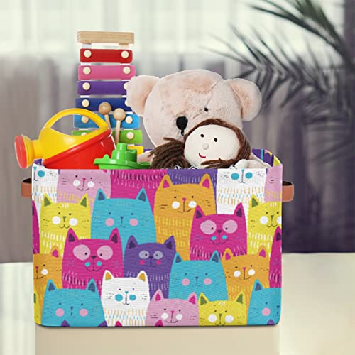 Rectangular Cats Baskets, Kitten Girls Storage Bins Kids Storage Basket with PU Leather Handles Cute Baskets Clothes Toys Box Books Baskets Gifts Baskets for Closet Shelf Nursery Bedroom 15x11x9.5 In