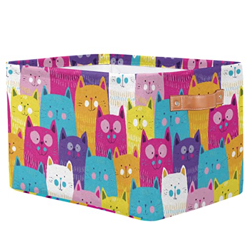 Rectangular Cats Baskets, Kitten Girls Storage Bins Kids Storage Basket with PU Leather Handles Cute Baskets Clothes Toys Box Books Baskets Gifts Baskets for Closet Shelf Nursery Bedroom 15x11x9.5 In