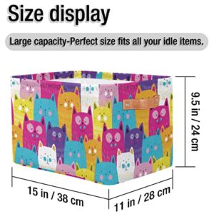 Rectangular Cats Baskets, Kitten Girls Storage Bins Kids Storage Basket with PU Leather Handles Cute Baskets Clothes Toys Box Books Baskets Gifts Baskets for Closet Shelf Nursery Bedroom 15x11x9.5 In