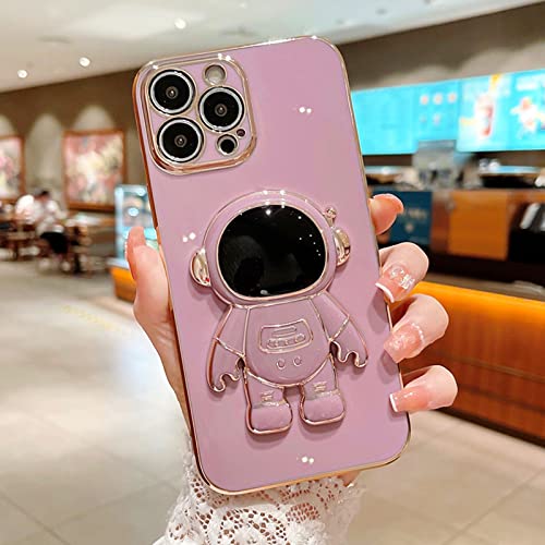 AIGOMARA 6D Plating Astronaut Hidden Stand Case Cover for iPhone 14 Pro Women Astronaut Folding Bracket Kickstand iPhone Case with Camera Protector Soft TPU Shockproof Bumper 6.1 in 2022 - Purple