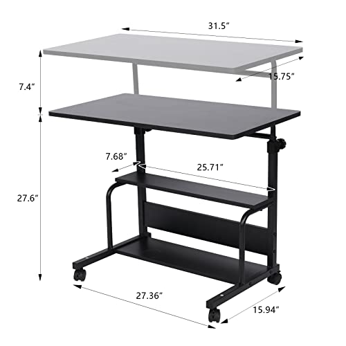 Portable Desk Small Desks for Small Spaces Laptop Table Black Rolling Adjustable Desk on Wheels Mobile Couch Desk for Bedroom Home Office Computer Standing Desk Student Desk with Storage 32x16 Inch