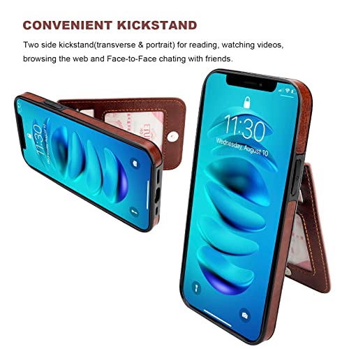 KIHUWEY Compatible with iPhone 14 Plus Case Wallet with Credit Card Holder, Flip Premium Leather Magnetic Clasp Kickstand Heavy Duty Protective Cover for iPhone 14 Plus 6.7 Inch (Brown)