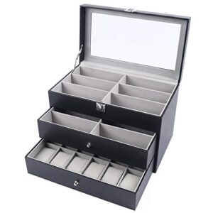 shzicmy sunglass organize box,3 layer 12 slots multiple glasses organizer+12 slots watch organizer,eyeglass sunglass storage box display,black