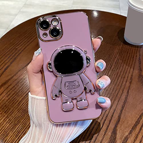 AIGOMARA 6D Plating Astronaut Hidden Stand Case Cover for iPhone 14 Plus Women Astronaut Folding Bracket Kickstand iPhone Case with Camera Protector Soft TPU Shockproof Bumper 6.7 in 2022 - Purple