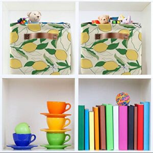 Beige Lemons Fabric Storage Bin with Leather Handles Deorative Basket for Shelves Closet Collapsible Storage Cubes Box Organizer Containers