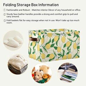 Beige Lemons Fabric Storage Bin with Leather Handles Deorative Basket for Shelves Closet Collapsible Storage Cubes Box Organizer Containers