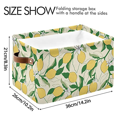 Beige Lemons Fabric Storage Bin with Leather Handles Deorative Basket for Shelves Closet Collapsible Storage Cubes Box Organizer Containers