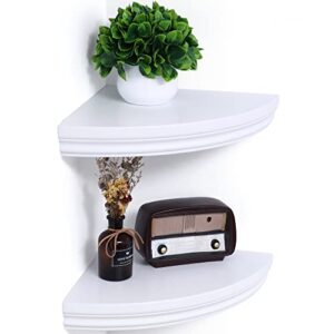 floating corner shelves, 2 tier fan-shaped corner wall shelves, corner shelves wall mounted, corner floating shelves for bedroom kitchen living room bathroom office, 12-4/5"w x 12-4/5"d x 2" h, white