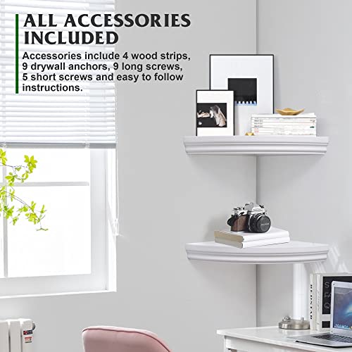 Floating Corner Shelves, 2 Tier Fan-Shaped Corner Wall Shelves, Corner Shelves Wall Mounted, Corner Floating Shelves for Bedroom Kitchen Living Room Bathroom Office, 12-4/5"W x 12-4/5"D x 2" H, White