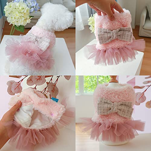 Toysructin Dog Clothes Girl, Luxury Bow Pet Skirt Cute Sweet Puppy Dress Plush Vest Lace Princess Dresses for Cold Weather, Fleece Lined Winter Coat Dogs Warm Apparel Coats for Small Medium Large Pets