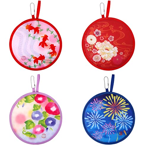 KINBOM 4pcs Folding Round Hand Fans, Flower Folding Fan Japanese Style Round Folding Fan for Women Girls Daily Use Party Home Personal Decoration (Peony)