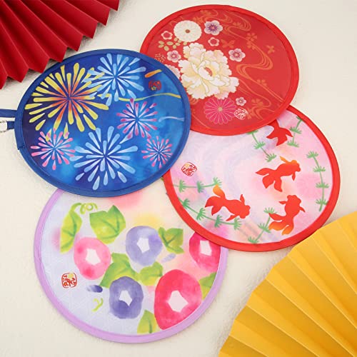 KINBOM 4pcs Folding Round Hand Fans, Flower Folding Fan Japanese Style Round Folding Fan for Women Girls Daily Use Party Home Personal Decoration (Peony)