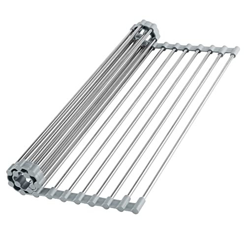 Over Sink Dish Drying Rack, 304 Stainless Steel Roll Up Dish Drainer, Silicone Anti-Slip Roll Out Dish Rack Rolling Flat Sink Rack Mat Foldable Multipurpose for Kitchen Counter (17.7"x16.5")