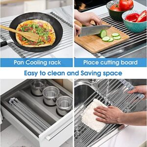 Over Sink Dish Drying Rack, 304 Stainless Steel Roll Up Dish Drainer, Silicone Anti-Slip Roll Out Dish Rack Rolling Flat Sink Rack Mat Foldable Multipurpose for Kitchen Counter (17.7"x16.5")