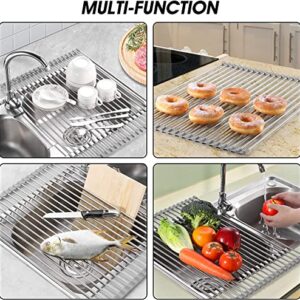 Over Sink Dish Drying Rack, 304 Stainless Steel Roll Up Dish Drainer, Silicone Anti-Slip Roll Out Dish Rack Rolling Flat Sink Rack Mat Foldable Multipurpose for Kitchen Counter (17.7"x16.5")