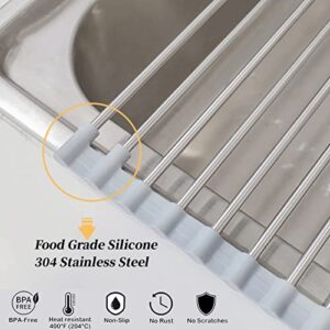 Over Sink Dish Drying Rack, 304 Stainless Steel Roll Up Dish Drainer, Silicone Anti-Slip Roll Out Dish Rack Rolling Flat Sink Rack Mat Foldable Multipurpose for Kitchen Counter (17.7"x16.5")