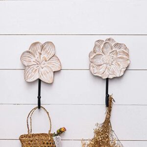 soffee design set of 2 single hooks 3d flower wood carving retro style for room wall decoration, coat hat scarf hanging hanger entry heavy hooks home decor