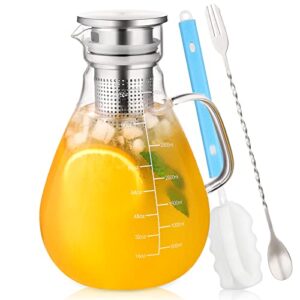 glass pitcher with lid & removable fruit infuser filter, 105.6oz glass fruit infuser water pitcher with precise scale line & mix spoon, housale 18/8 stainless steel lid iced tea pitcher easy to clean