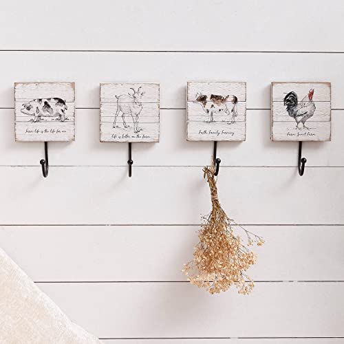 SOFFEE DESIGN Set of 4 Vintage Farmhouse Wall Hooks, with Shabby Craft Farm Animals Goat Rooster Pig Cow Printing, Heavy Duty Hanger Hooks Wall Mounted Hanging Rack Hooks