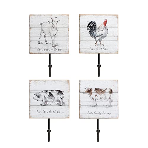 SOFFEE DESIGN Set of 4 Vintage Farmhouse Wall Hooks, with Shabby Craft Farm Animals Goat Rooster Pig Cow Printing, Heavy Duty Hanger Hooks Wall Mounted Hanging Rack Hooks