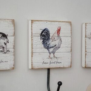 SOFFEE DESIGN Set of 4 Vintage Farmhouse Wall Hooks, with Shabby Craft Farm Animals Goat Rooster Pig Cow Printing, Heavy Duty Hanger Hooks Wall Mounted Hanging Rack Hooks