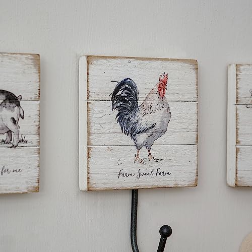 SOFFEE DESIGN Set of 4 Vintage Farmhouse Wall Hooks, with Shabby Craft Farm Animals Goat Rooster Pig Cow Printing, Heavy Duty Hanger Hooks Wall Mounted Hanging Rack Hooks