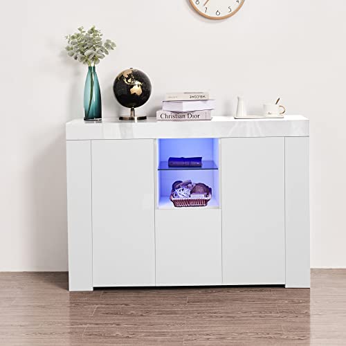 Holaki 45Inch LED Sideboard Buffet Cabinet with Drawer&2 Doors Storage Shelf,High Glossy Front Kitchen Sideboard,Buffet Table with Open Shelves,Display Cabinet,Entryway Modern Cupboard for Home(White)