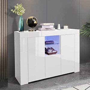 Holaki 45Inch LED Sideboard Buffet Cabinet with Drawer&2 Doors Storage Shelf,High Glossy Front Kitchen Sideboard,Buffet Table with Open Shelves,Display Cabinet,Entryway Modern Cupboard for Home(White)